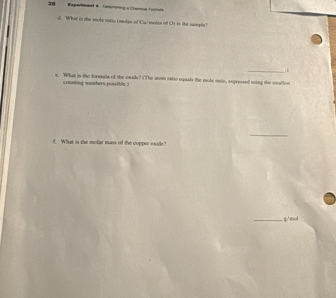 Solved: Experiment 4 Determining a Chemical Formula d. What is the mole ...