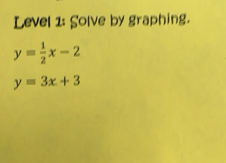 Solved: Level 1: Solve by graphing. y= 1/2 x-2 y=3x+3 [Math]