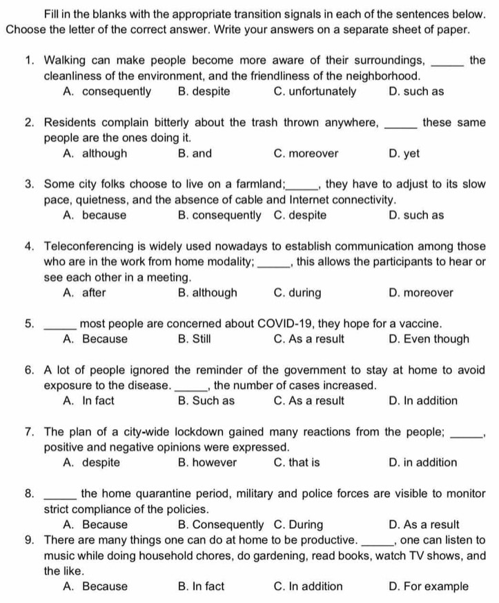 Solved: Fill in the blanks with the appropriate transition signals in ...