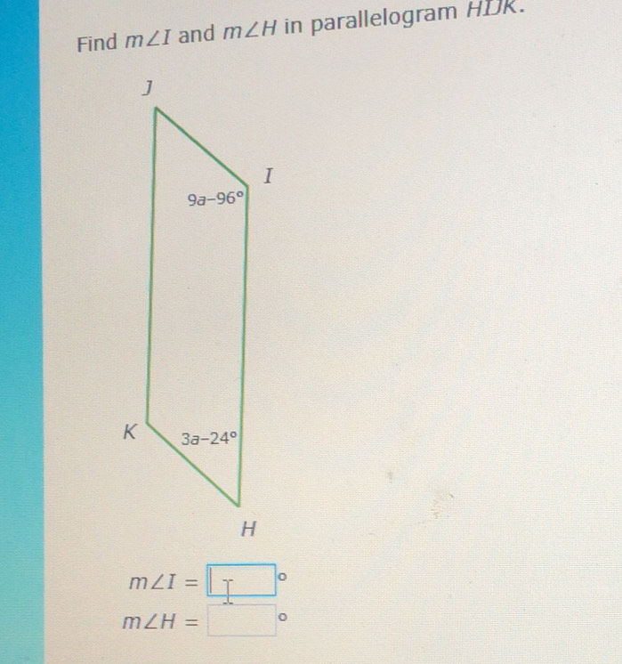 Solved: Find m∠ I and m∠ H in parallelogram HDK. m∠ I= ° m∠ H= ° [Math]