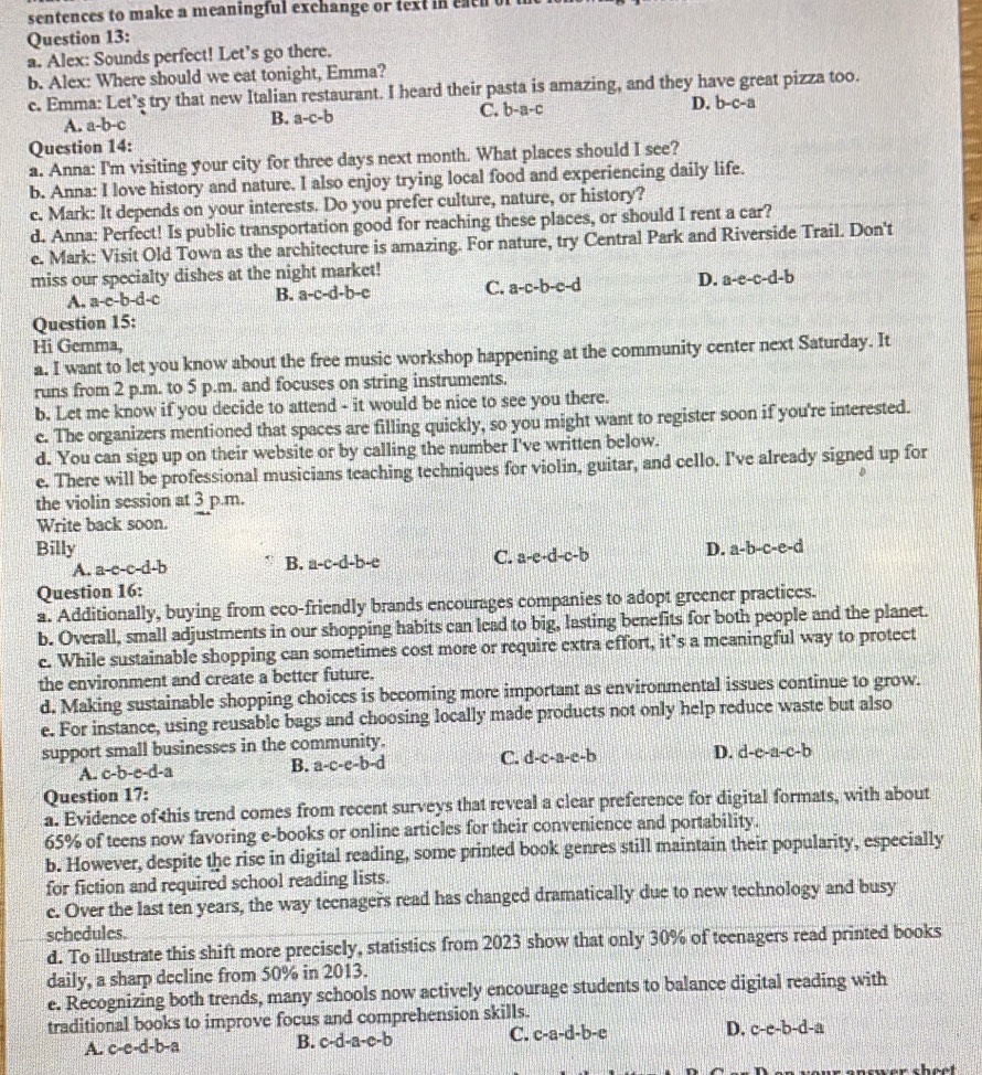 Giải quyết:sentences to make a meaningful exchange or text in each of ...