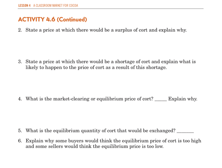 Solved: LESSON 4 A CLASSROOM MARKET FOR COCOA ACTIVITY 4.6 (Continued ...
