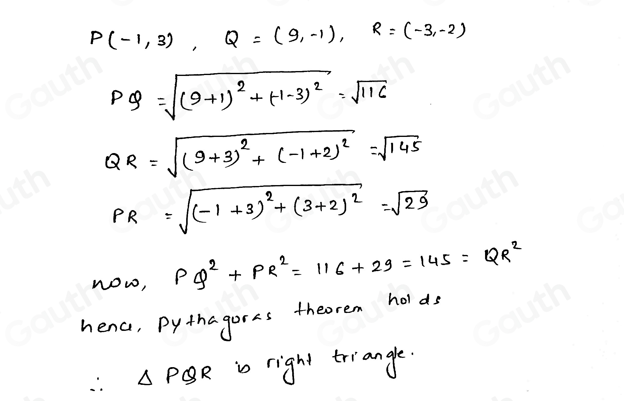 Solved: A triangle PQR has vertices P(-1,3), Q(9,-1) and R(-3,-2 ...