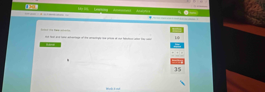 Solved: A Srana Da My IXL Learning Asseasment Analytics a Suth grade ...