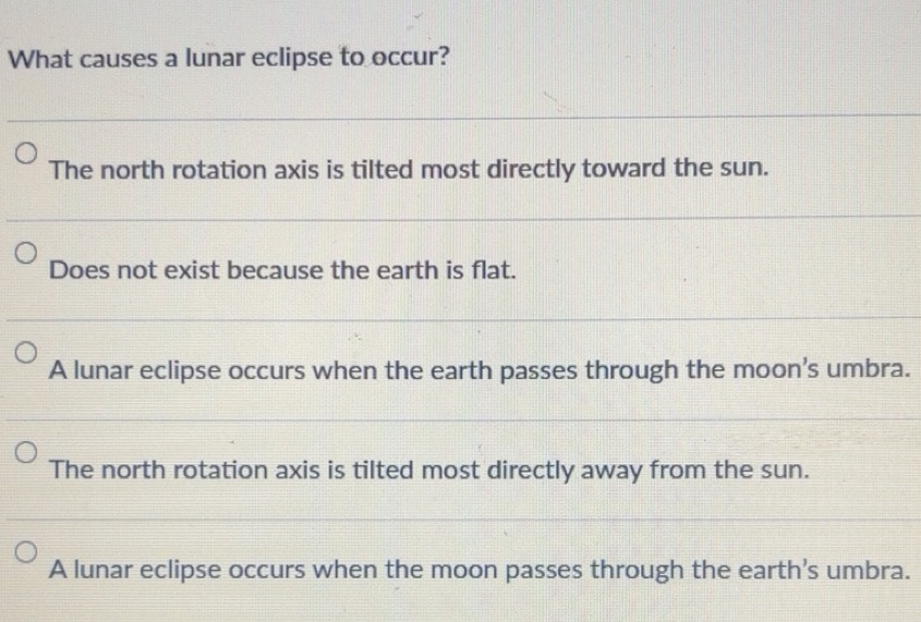 Solved: What causes a lunar eclipse to occur? The north rotation axis ...