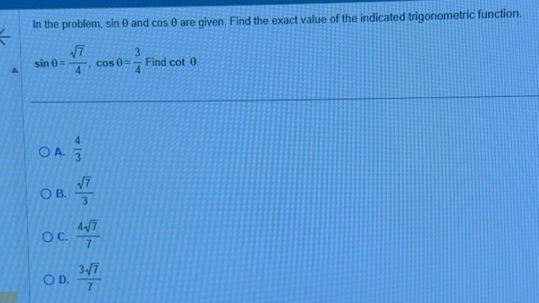 Solved: In the problem, sin θ and cos θ are given. Find the exact value of the indicated ...