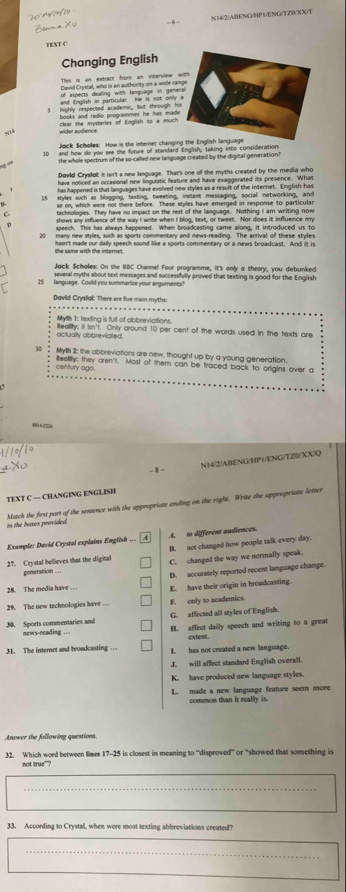 Solved: N14/2/ABENG/HP1/ENG/TZ0/XX/T 2 niofio TEXT C Changing English ...