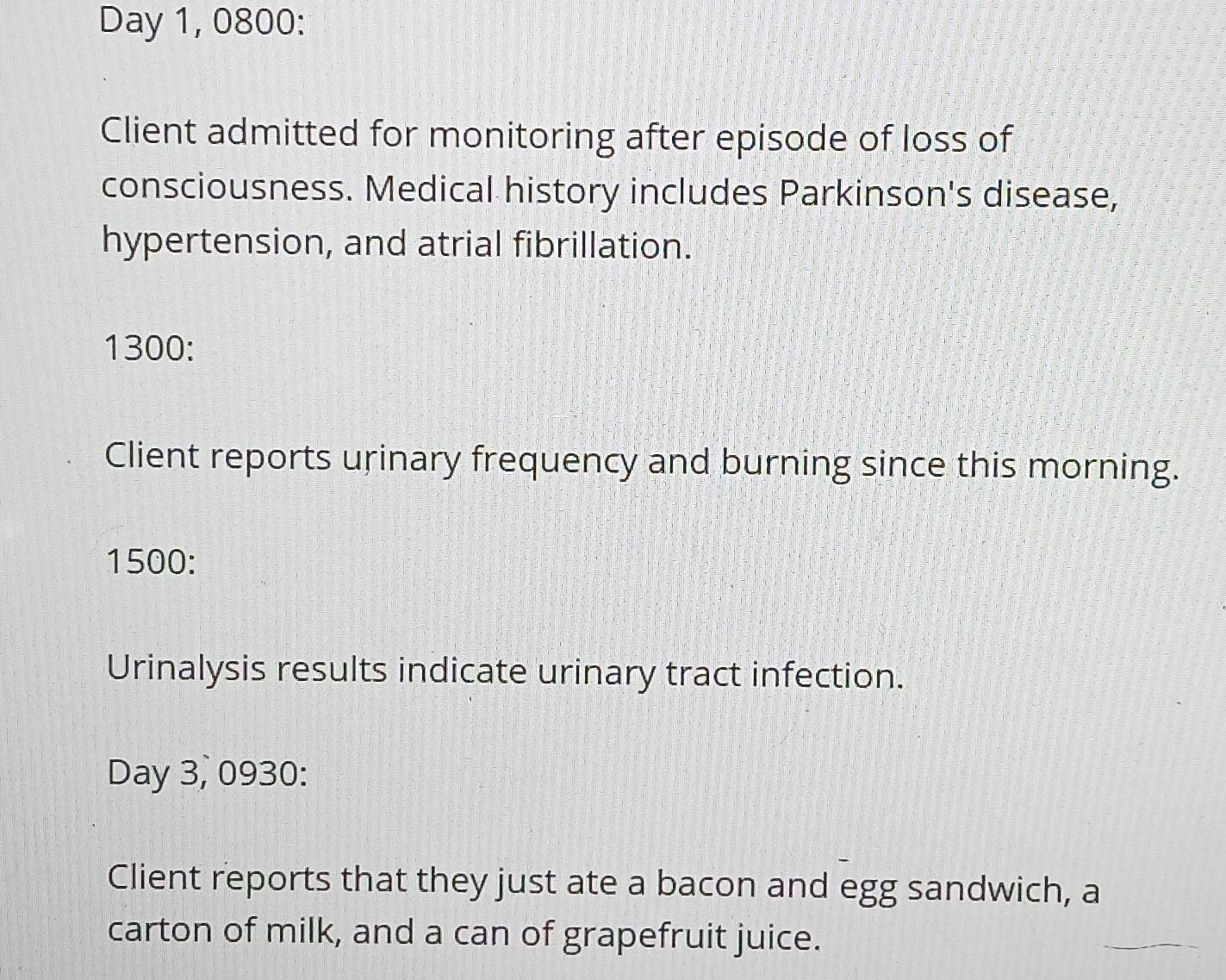 Solved: Day 1, 0800: Client admitted for monitoring after episode of loss of consciousness. Medi ...
