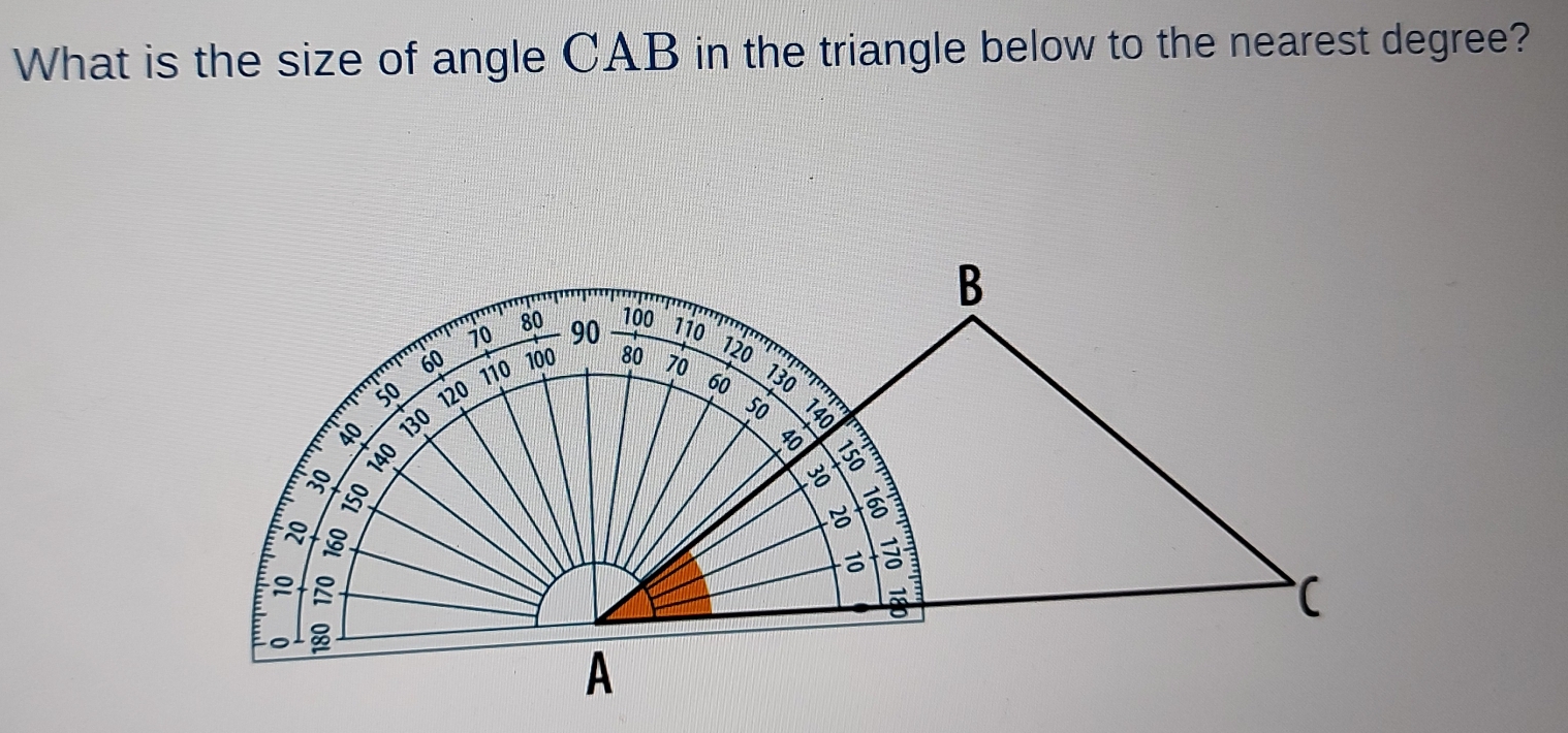 Solved: What is the size of angle CAB in the triangle below to the nearest degree? [Math]