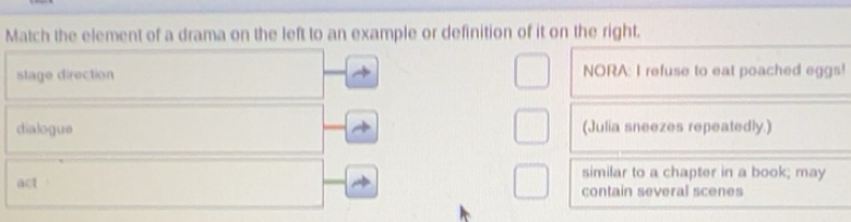 Solved: Match the element of a drama on the left to an example or ...