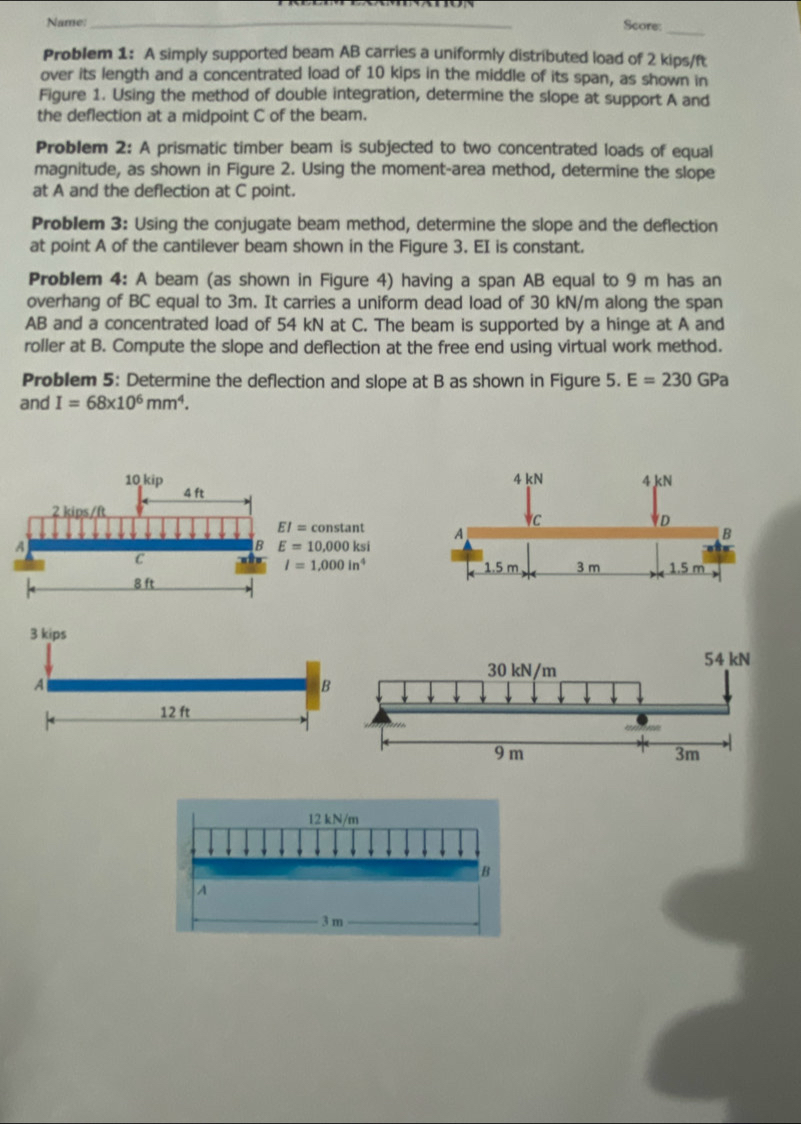 Solved: Name: Score: Problem 1: A simply supported beam AB carries a ...