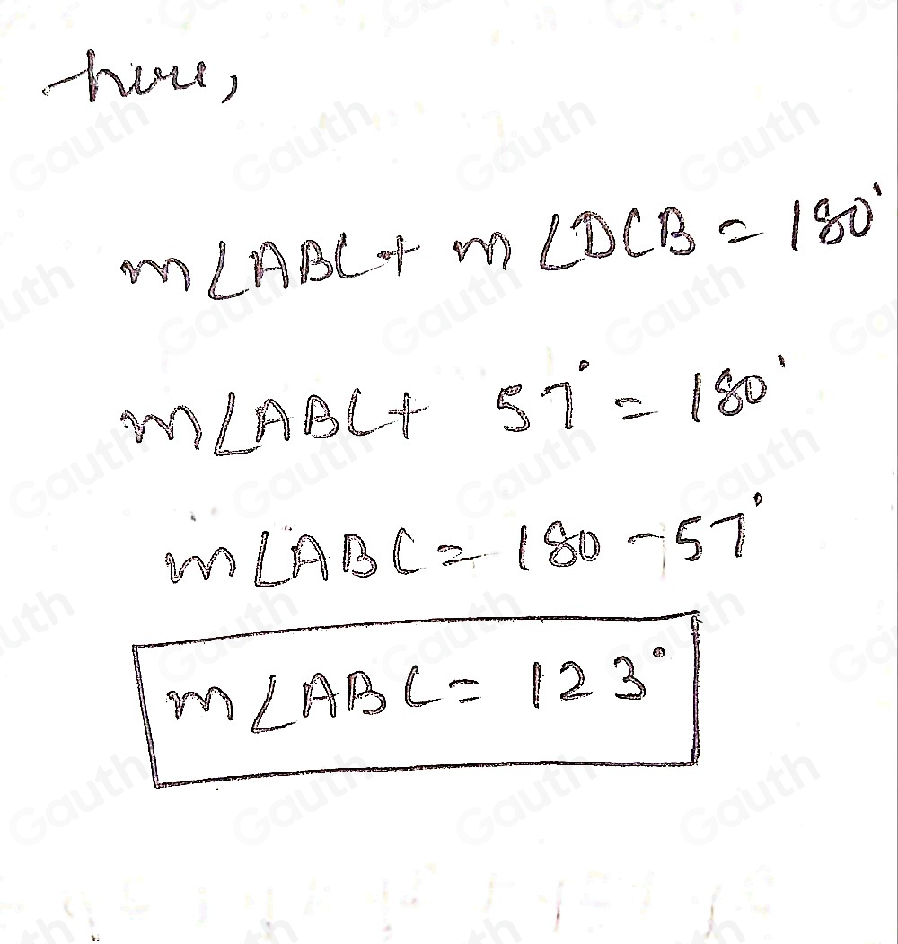 Solved: The angles below form a linear pair. ∠ DCB=57 m∠ ABC=[?]^circ Enter [Math]