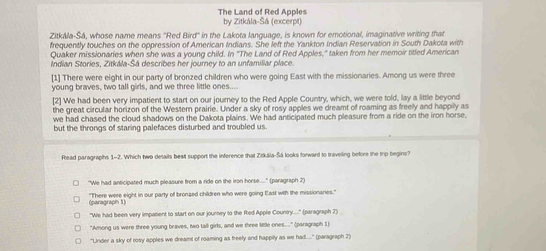 Solved: The Land of Red Apples by Zitkála-Šá (excerpt) Zitkála-Šá ...