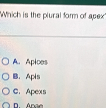 Solved: Which is the plural form of apex' A. Apices B. Apis C. Apexs D ...
