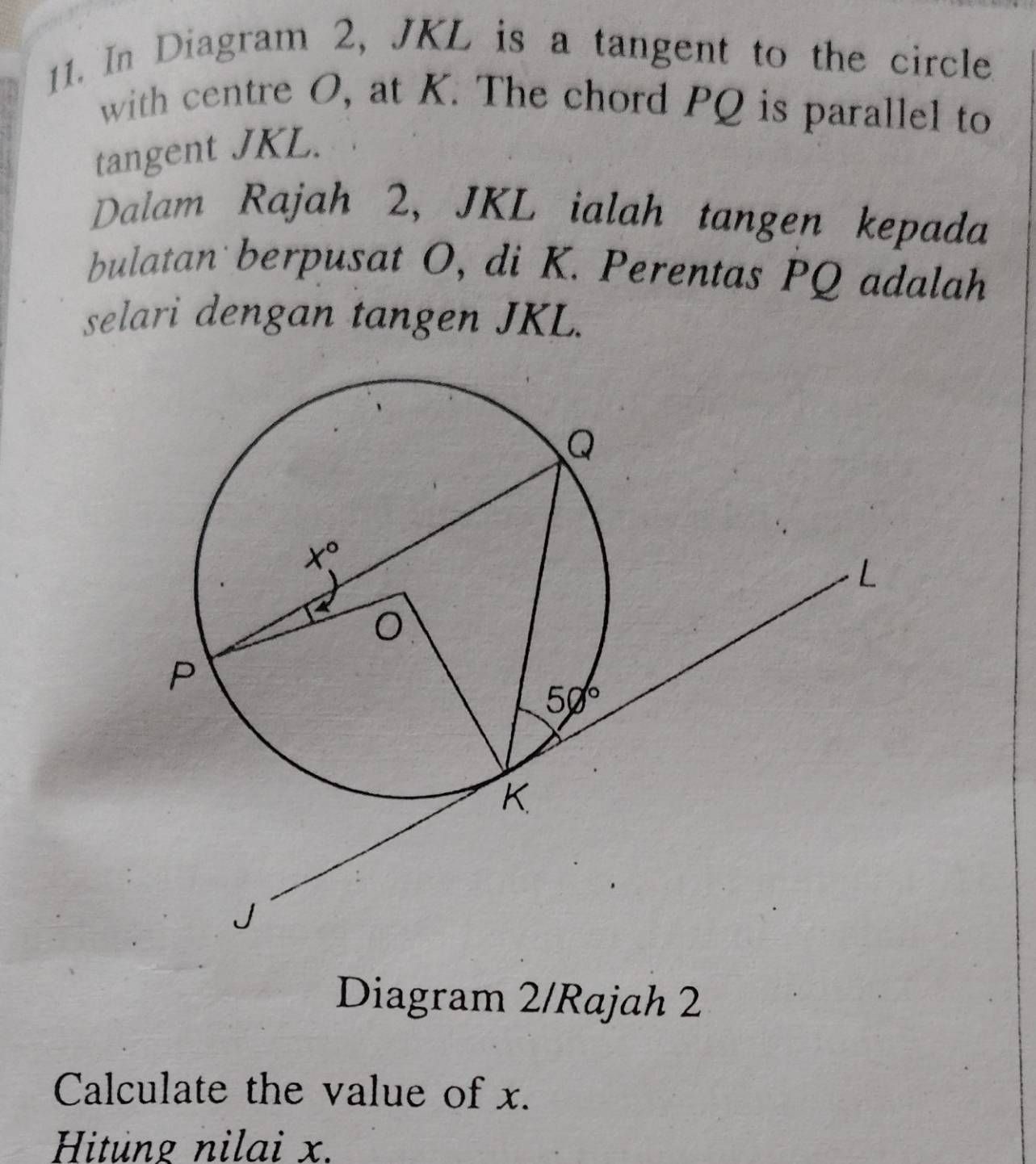 Selesai:In Diagram 2, JKL is a tangent to the circle with centre O, at ...