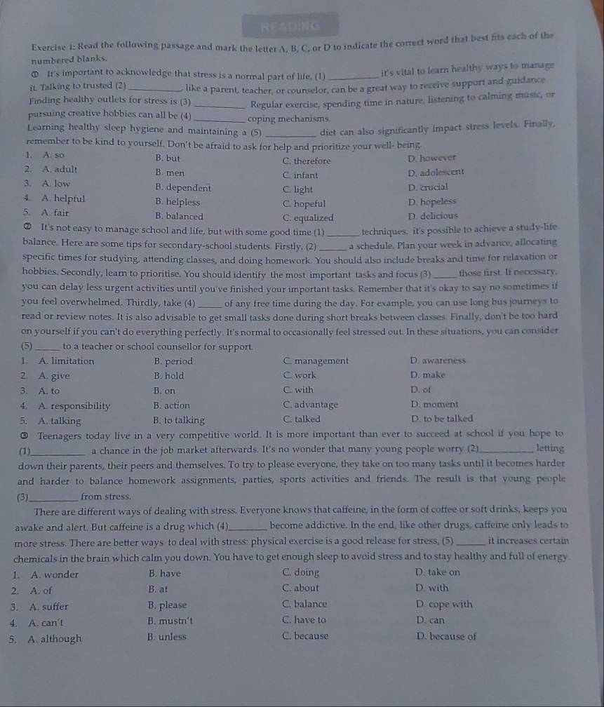 Giải quyết:READING Exercise 1: Read the following passage and mark the ...