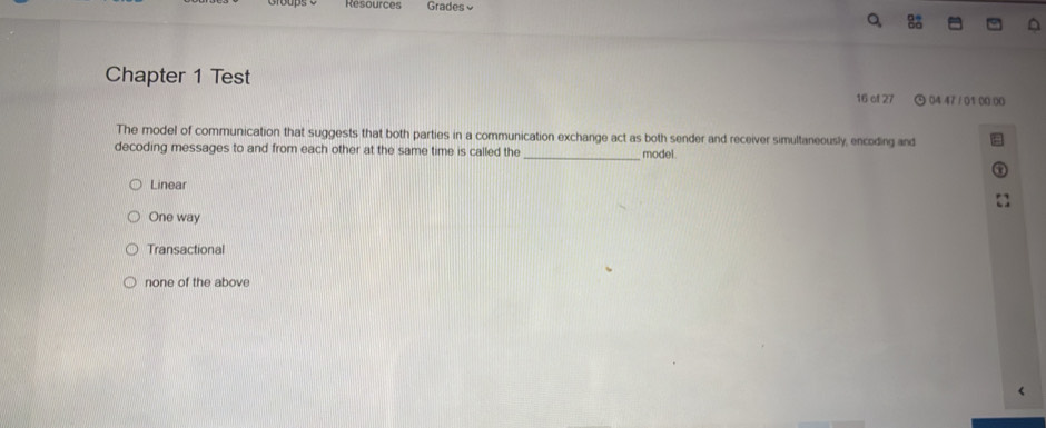 Solved: Resources Grades v Chapter 1 Test 9 04 47 / 01 00 00 16 of 27 ...