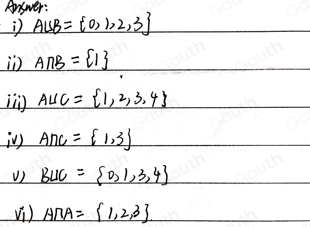 Solved: lf A= 1,2,3 B= 0,1 and C= 1,3,4 then find (i). (ii). (iii). A∪ C A∪ B A∩ B (iv) (v). (v ...