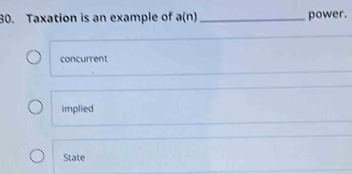 Solved: Taxation is an example of a(n) _power. concurrent implied State ...