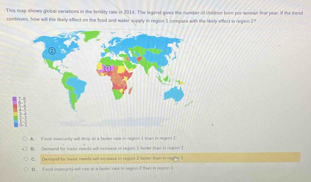 Solved: This map shows global variations in the fertility rate in 2014 ...