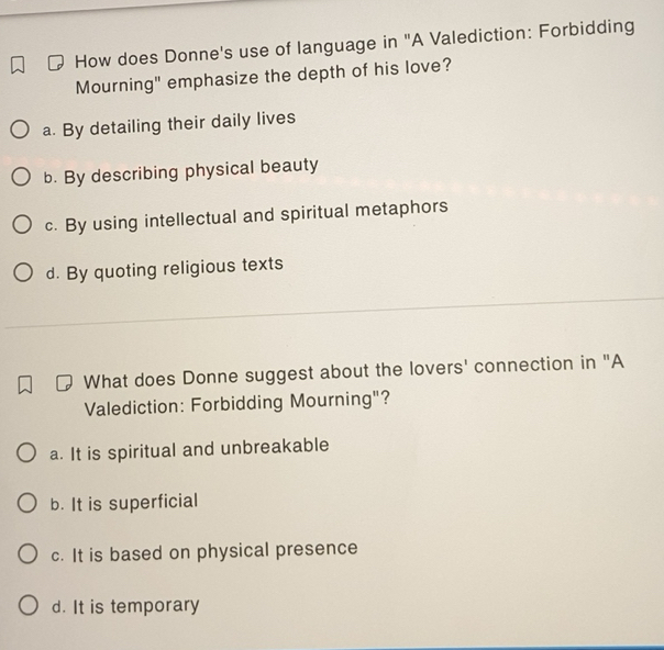 Solved: How does Donne's use of language in "A Valediction: Forbidding ...