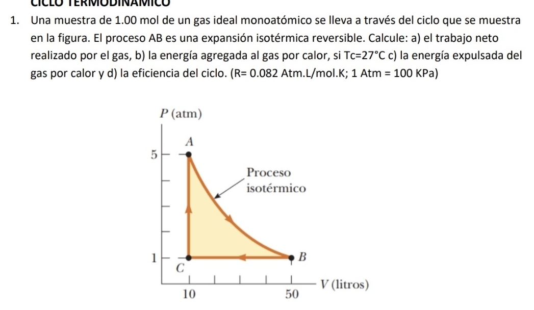 Resuelto:CÍCLO TERMODINAMICO 1. Una muestra de 1.00 mol de un gas ideal ...