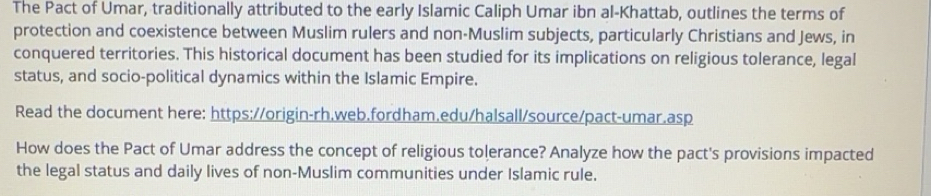 Solved: The Pact of Umar, traditionally attributed to the early Islamic ...
