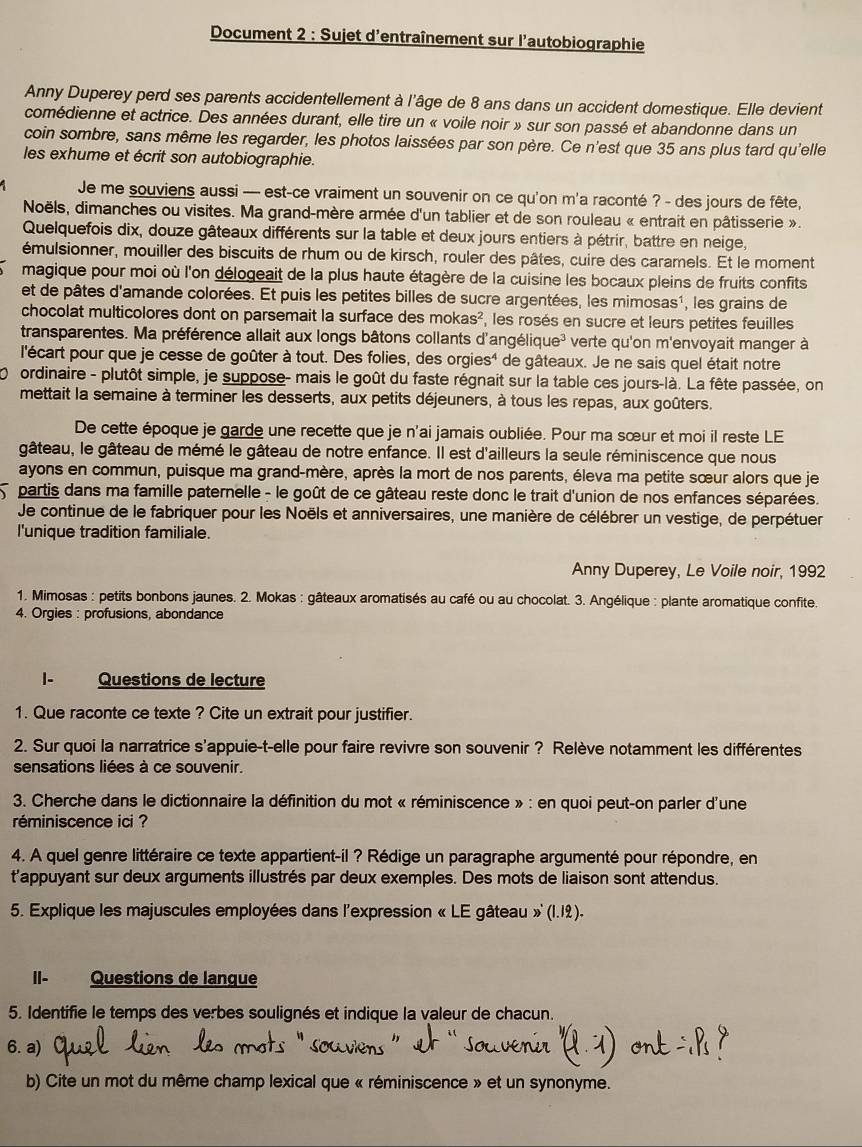 Résolu :Document 2 : Sujet d'entraînement sur l’autobiographie Anny ...