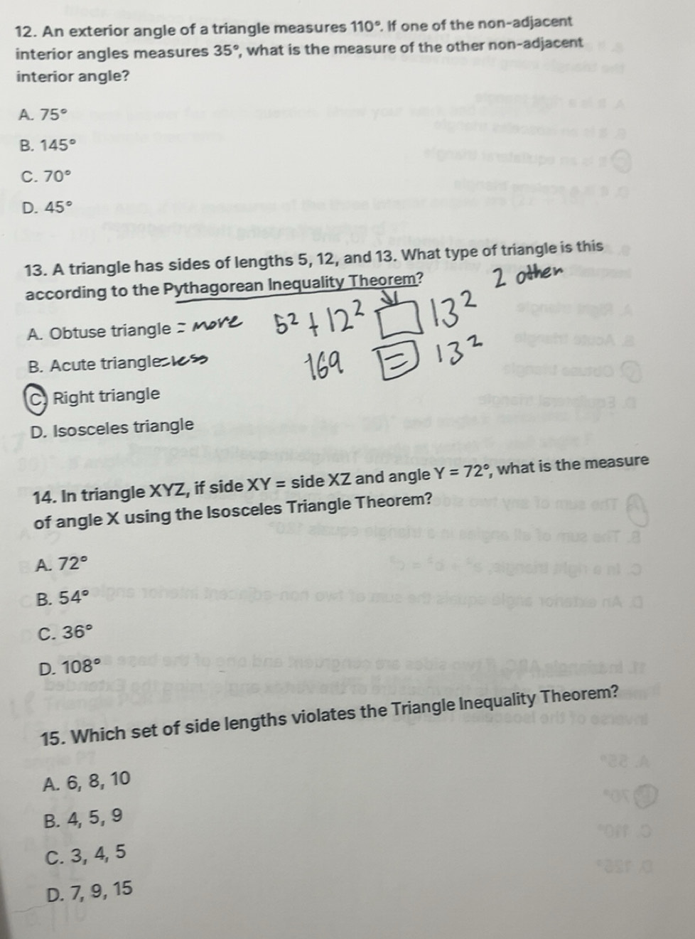 Solved: An exterior angle of a triangle measures 110°. If one of the ...