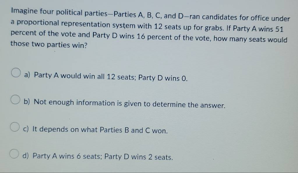 Solved: Imagine four political parties—Parties A, B, C, and D—ran ...