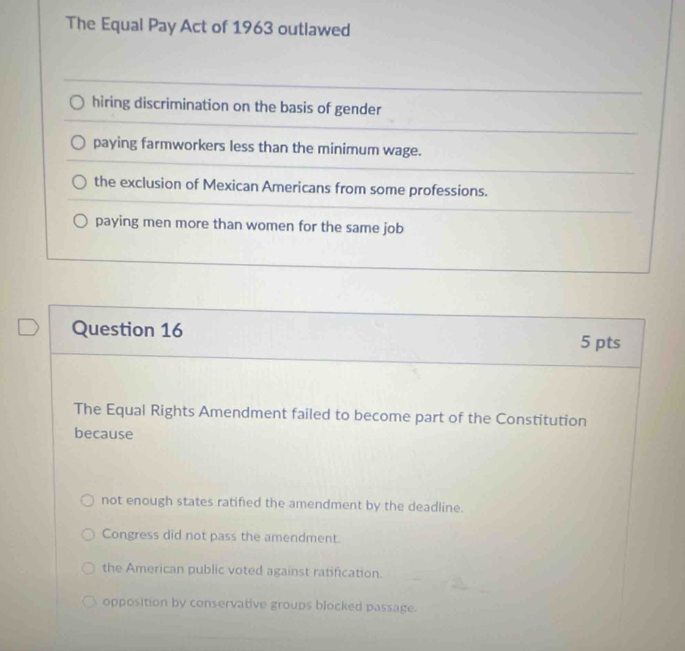 Solved: The Equal Pay Act of 1963 outlawed hiring discrimination on the ...