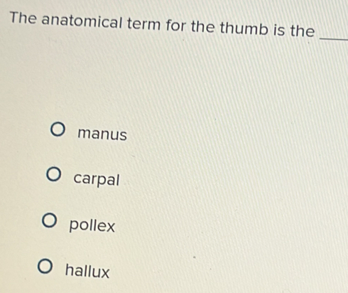 Solved: The anatomical term for the thumb is the _ manus carpal pollex ...