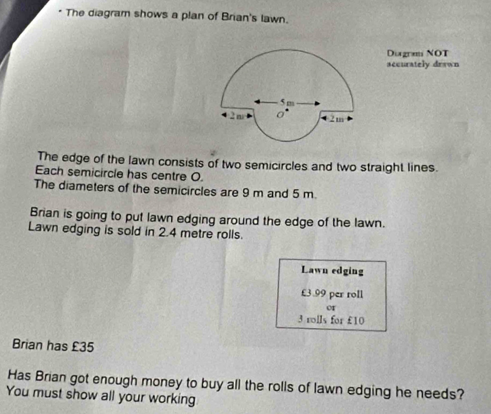 Solved: The diagram shows a plan of Brian's lawn. Digram NOT accurately ...