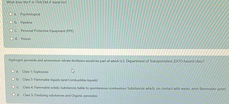 Solved: What does the P in TRACEM- P stand for? a. Psychological b ...