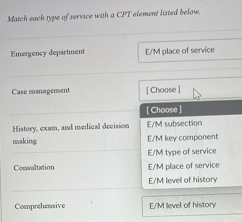Solved: Match each type of service with a CPT element listed below ...