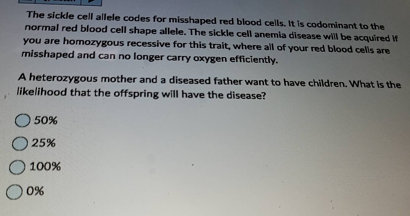 Solved: The sickle cell allele codes for misshaped red blood cells. It ...