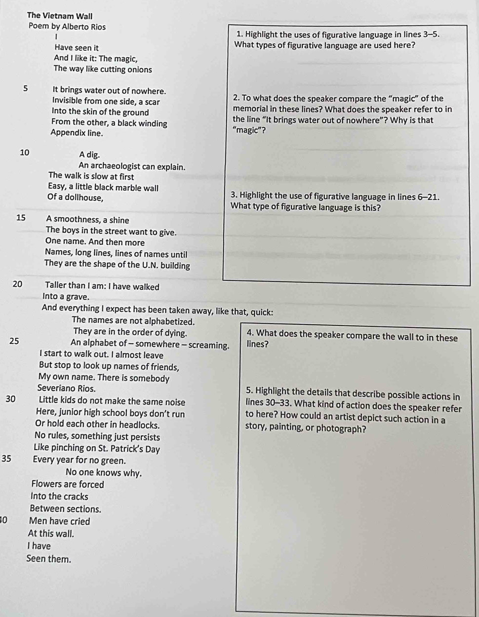 Solved: The Vietnam Wall Poem by Alberto Rios 1. Highlight the uses of ...