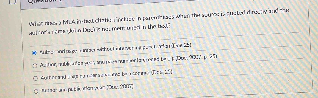 Solved: What does a MLA in-text citation include in parentheses when ...