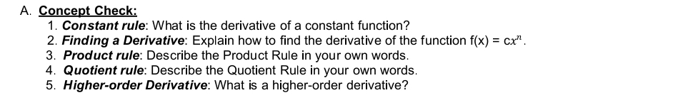 Solved: Concept Check: 1. Constant rule: What is the derivative of a ...