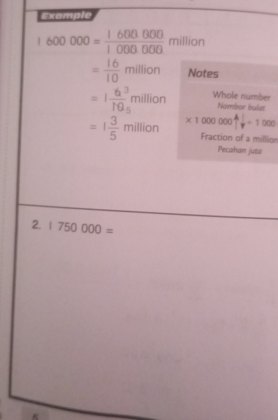 Selesai:Example 1600000= 1600000/1000000 million = 16/10 millior Notes ...