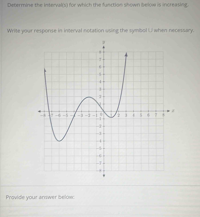 Solved: Determine the interval(s) for which the function shown below is increasing. Write your ...