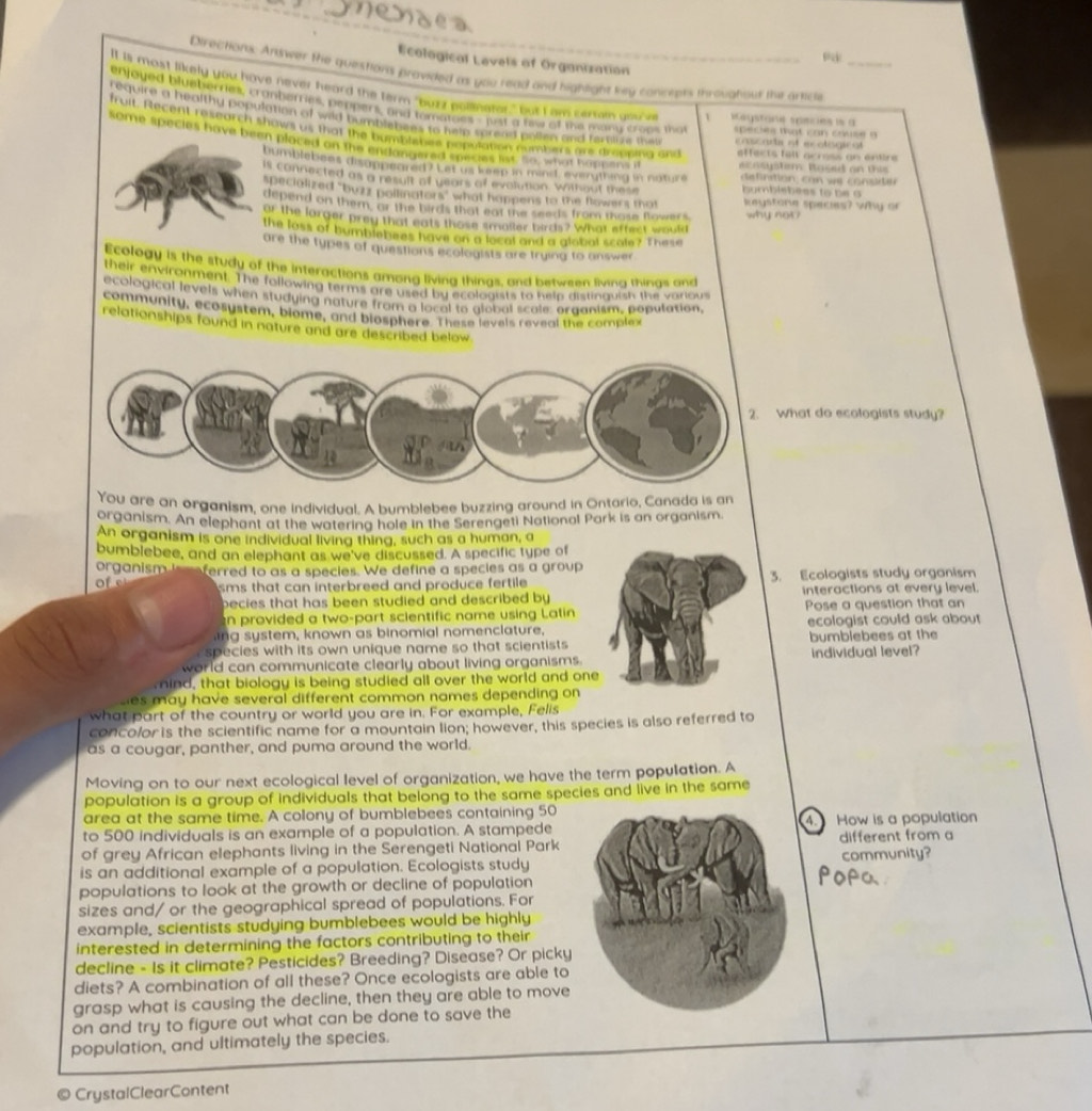 Solved: Sensea Ecological Levels of Organization Directions. Answer the ...