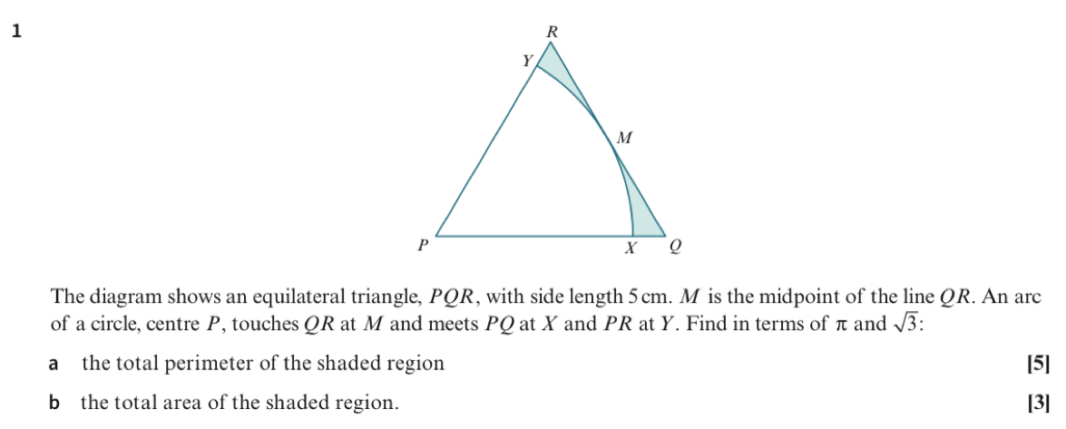 Selesai:The diagram shows an equilateral triangle, PQR, with side length 5 cm. M is the midpoint o