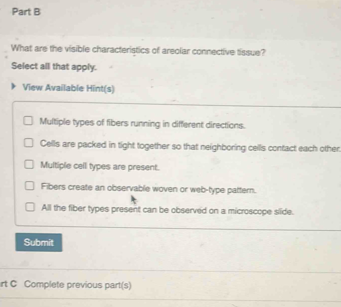 Solved: What are the visible characteristics of areolar connective ...