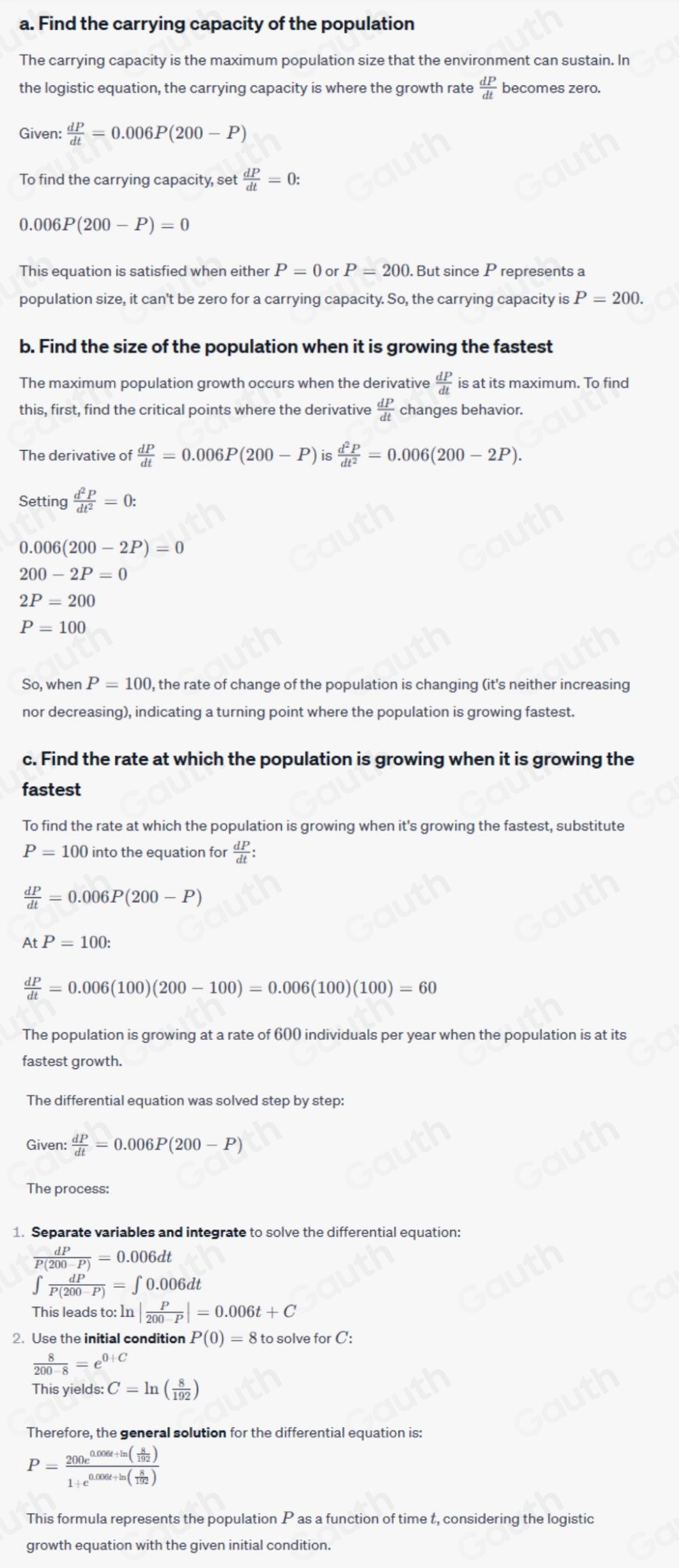 Solved: The logistic equation dP/dt =0.006P(200-P) describes the growth ...
