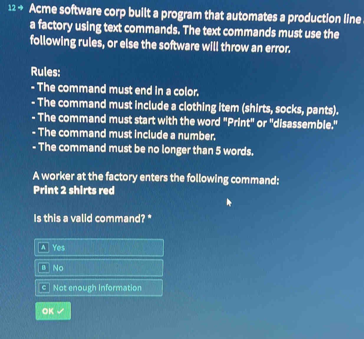 12 → Acme software corp built a program that automates a production ...