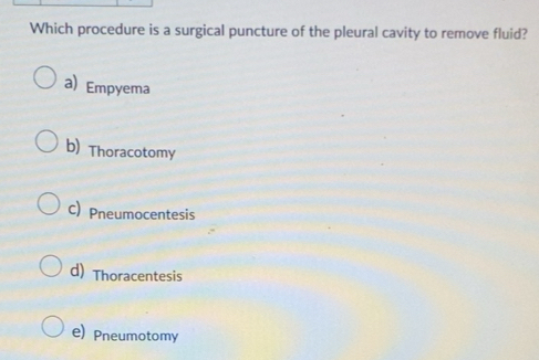 Solved: Which procedure is a surgical puncture of the pleural cavity to ...