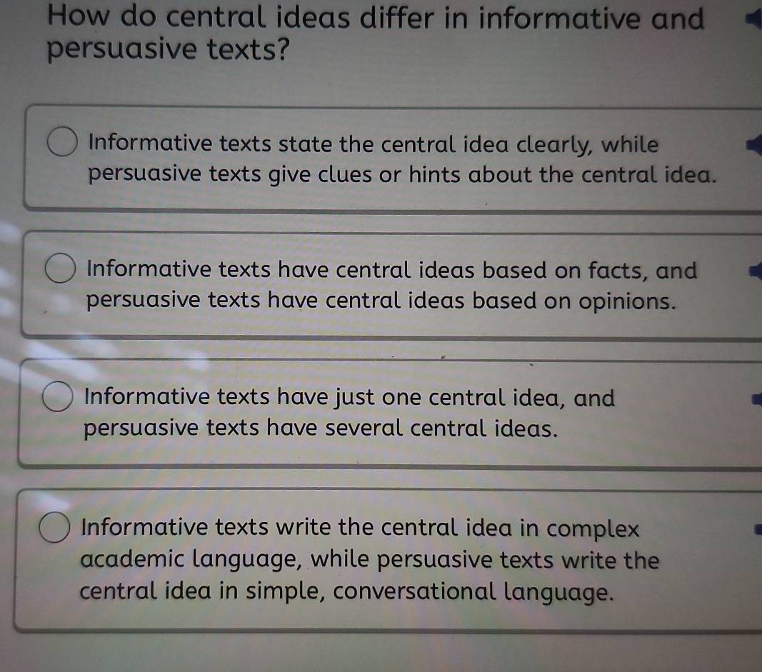 Solved: How do central ideas differ in informative and persuasive texts ...