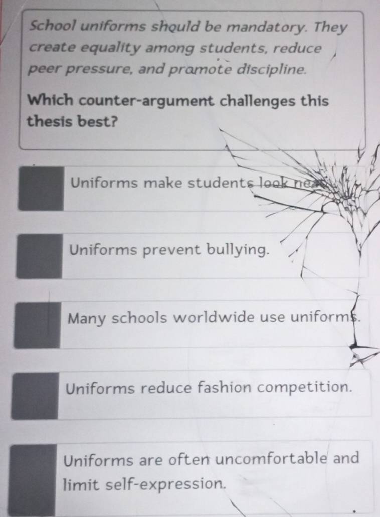 Telah dijawab:School uniforms should be mandatory. They create equality ...