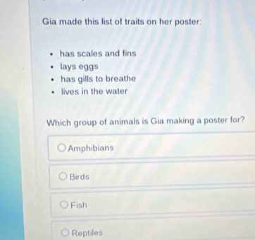 Solved: Gia made this list of traits on her poster: has scales and fins ...